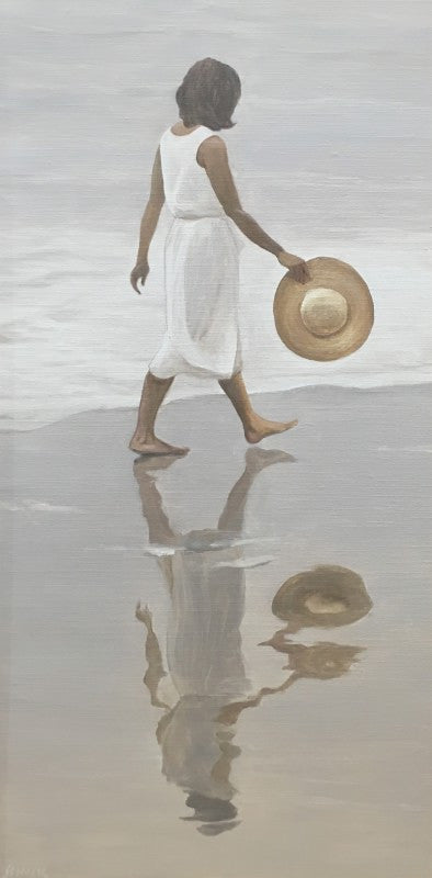 HAT IN HAND By David Schock - Figurative Painting of a Woman Walking o