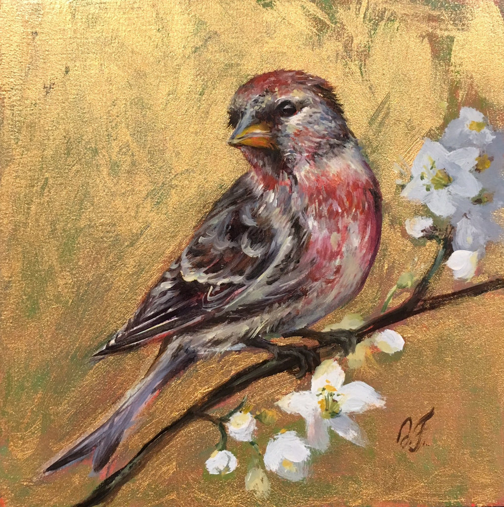 "Finch on Gold" by Irina Furman - Realistic Bird Painting
