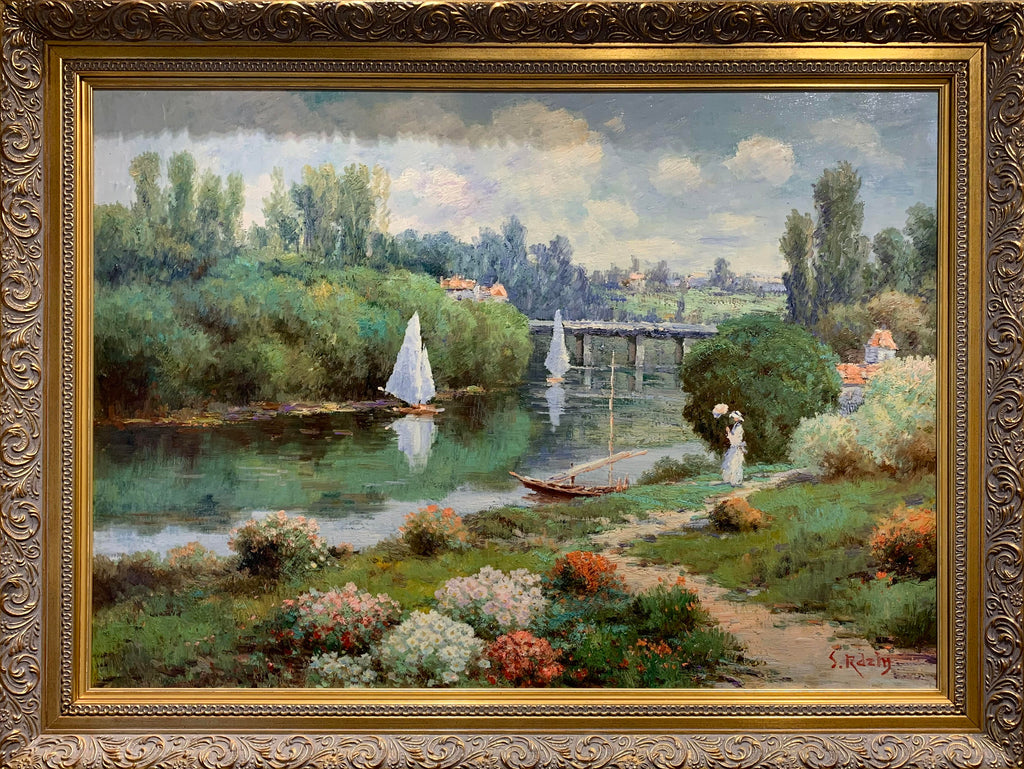 Peaceful Garden by Artist S. Razin - Oil on Canvas Painting of French